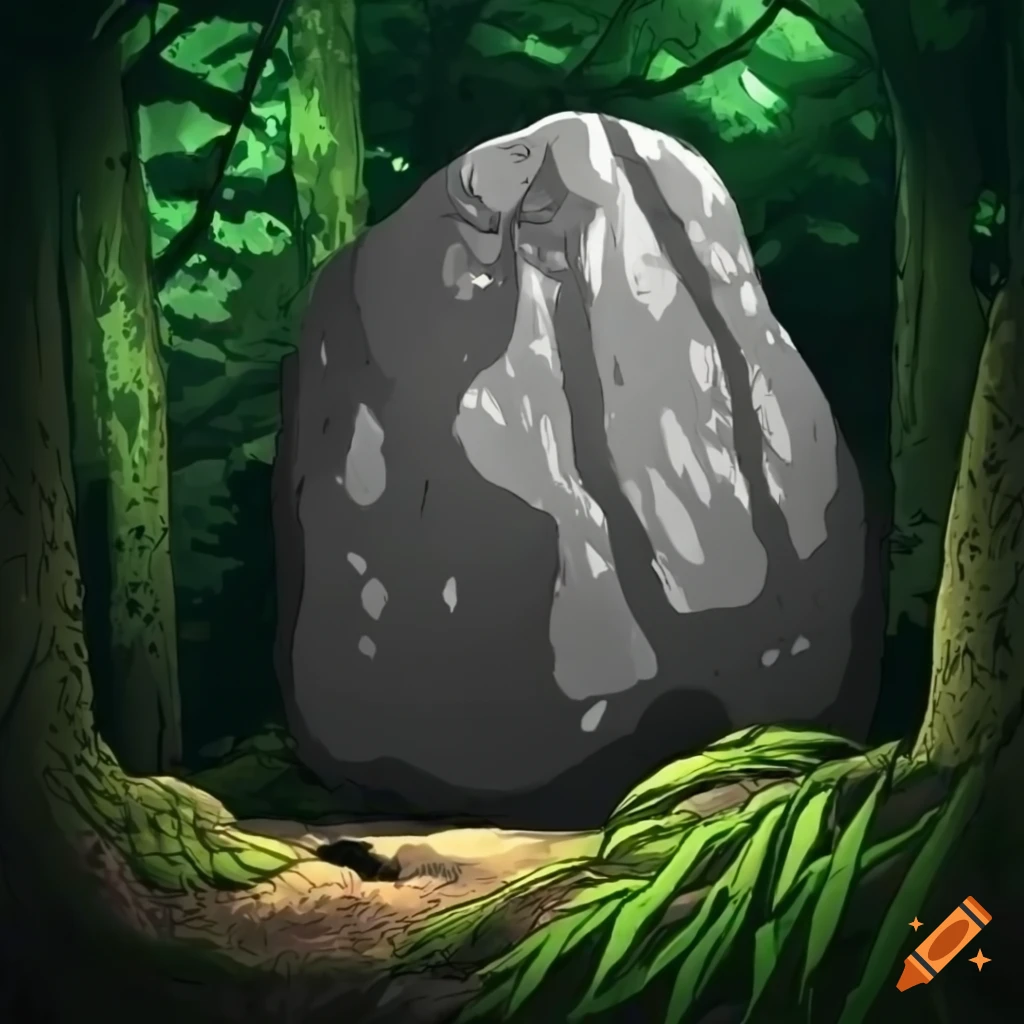 Worm's eye view of a large rock in a pine forest with an anime style on ...