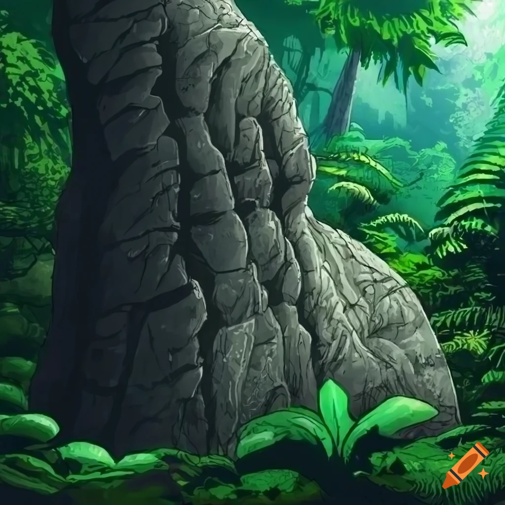 Manga-style illustration of a large gray rock in the jungle
