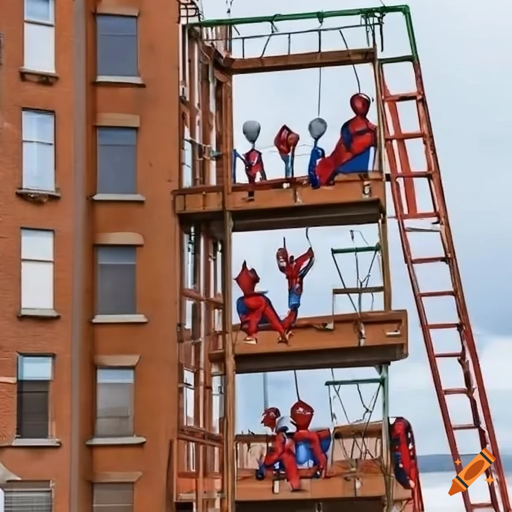 Spider-man inspired metal climbing frame with buildings in the background
