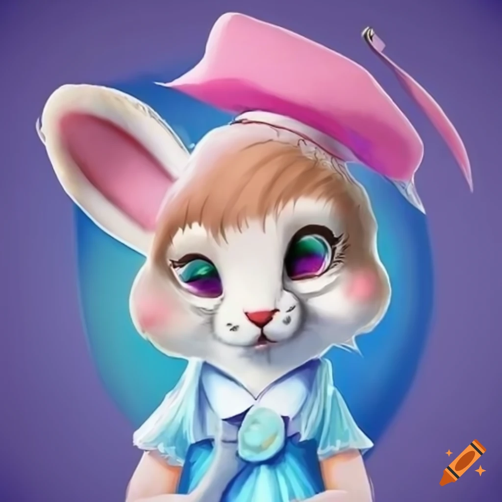Anthropomorphic magic bunny with a pink cap and blue dress on Craiyon