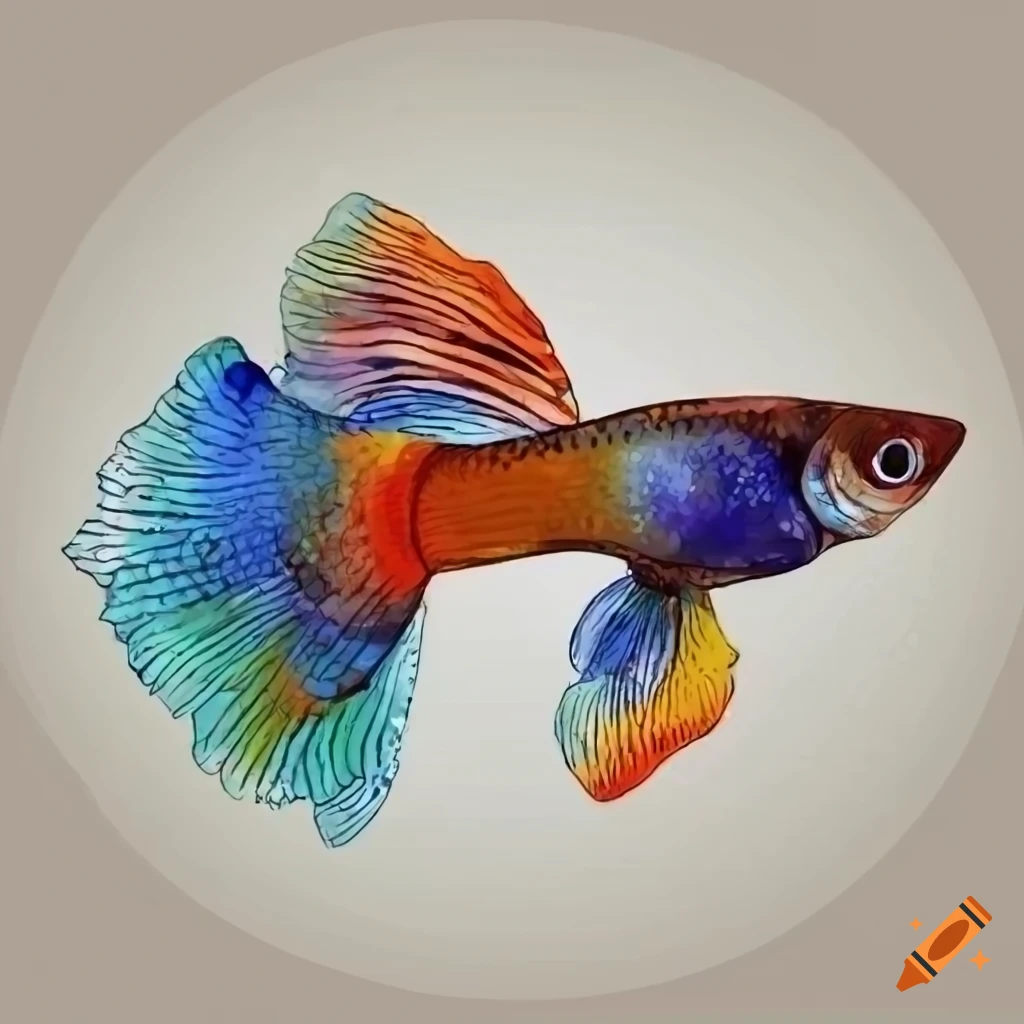 Detailed drawing of a Kohaku Swordtail aquarium fish swimming ...
