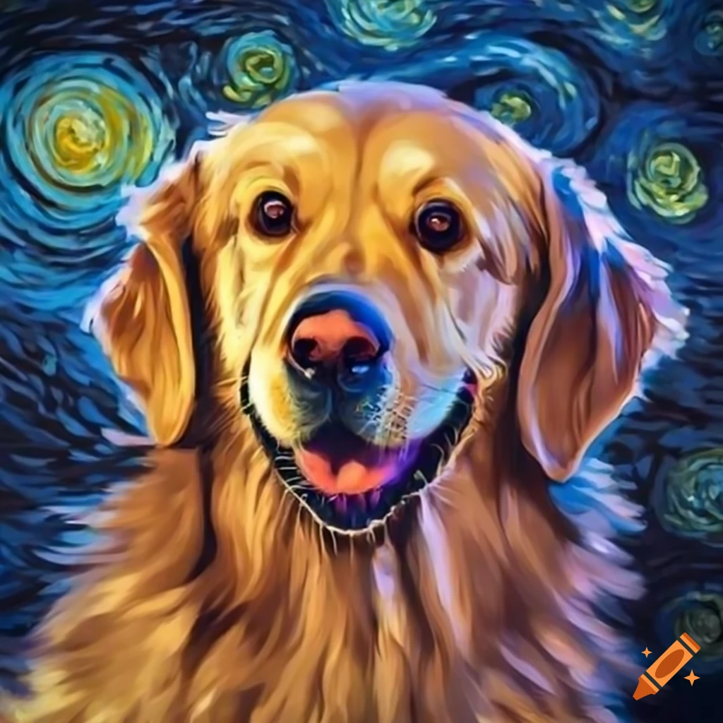Golden retriever painted in the style of starry night on Craiyon