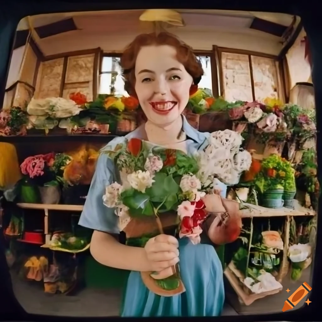 Vintage photo of a florist in a flower shop on Craiyon