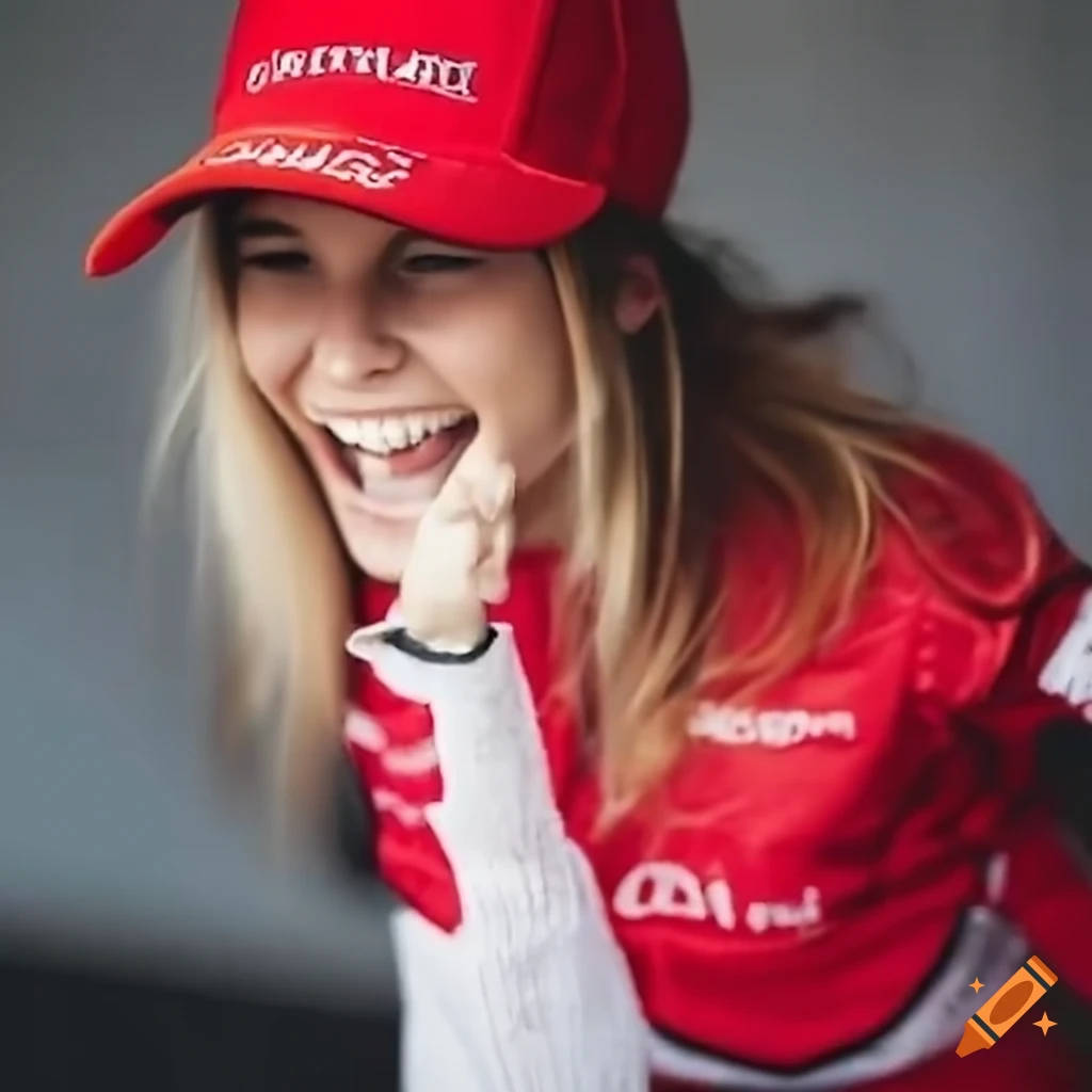 Enthusiastic girl cheering at a Formula One race on Craiyon