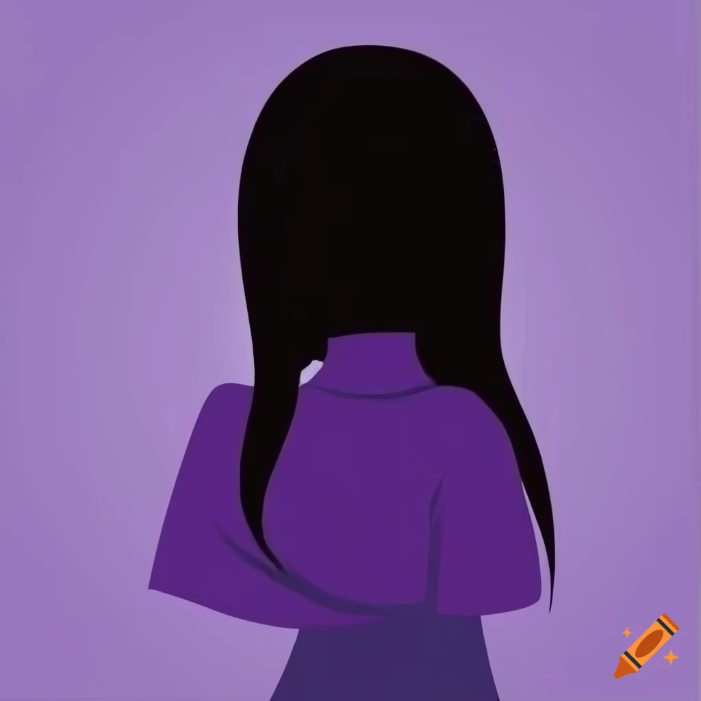 Purple cartoon girl in thoughtful pose
