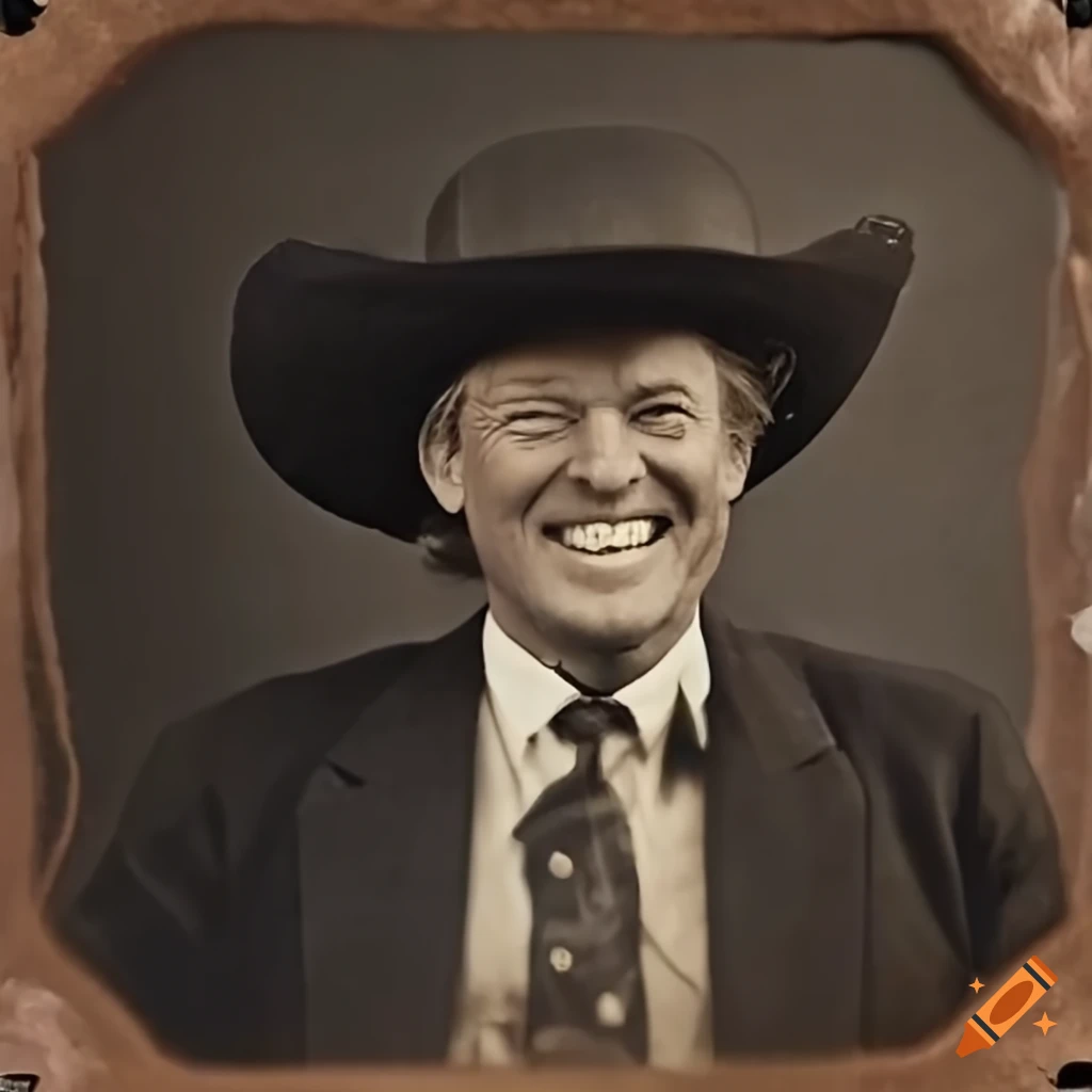 Tintype photography of smiling Donald Trump as a western outlaw on Craiyon