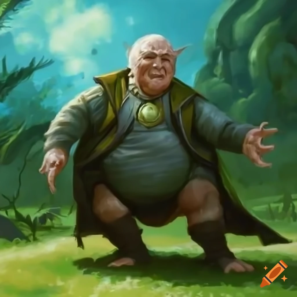 Illustration of a fat elderly halfling in a vest