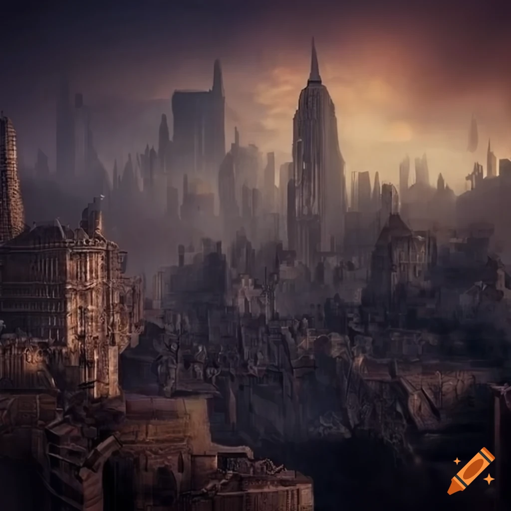 Detailed concept art of an ancient alien cityscape wasteland