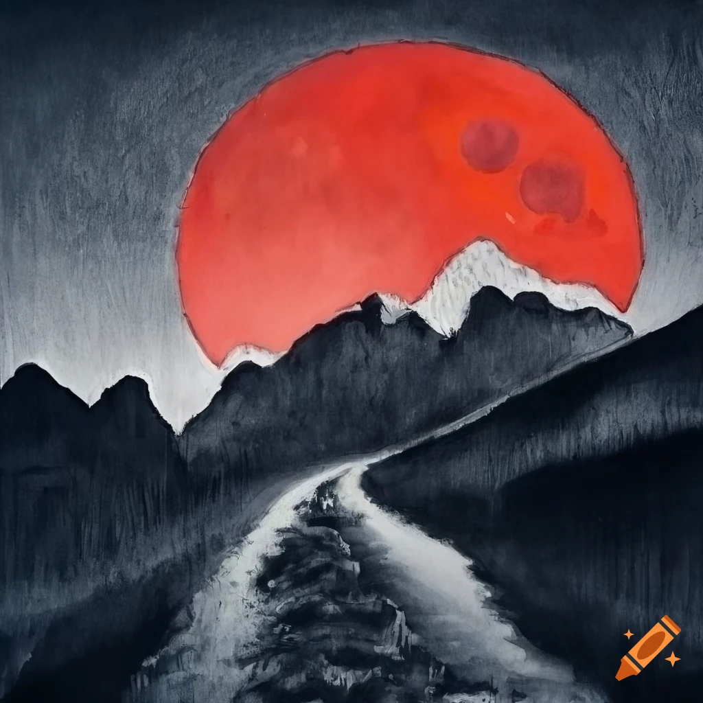 Ink painting of a road leading to mountains under a red moon on Craiyon