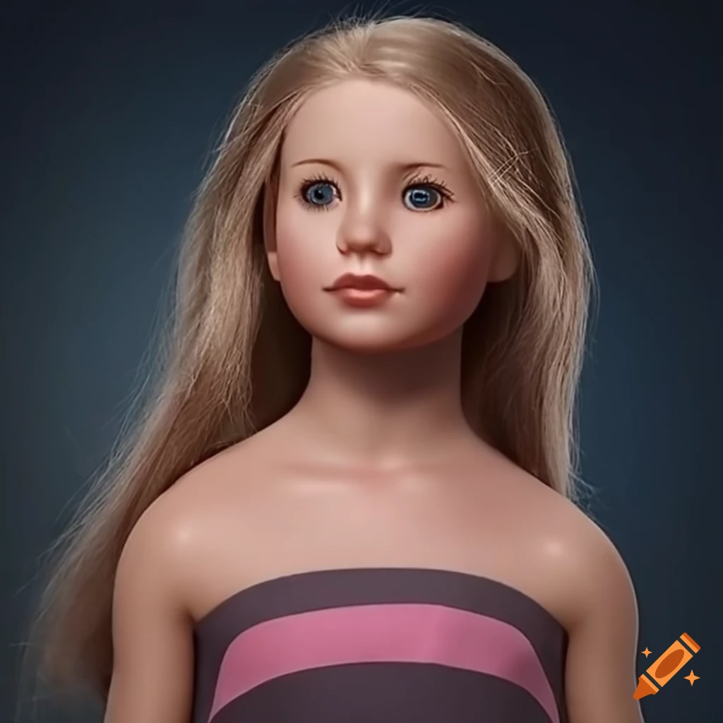 Realistic portrait of a woman transforming into a doll on Craiyon