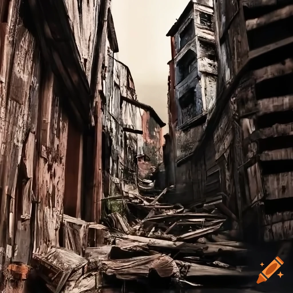 View from rooftop of old industrial slums on Craiyon