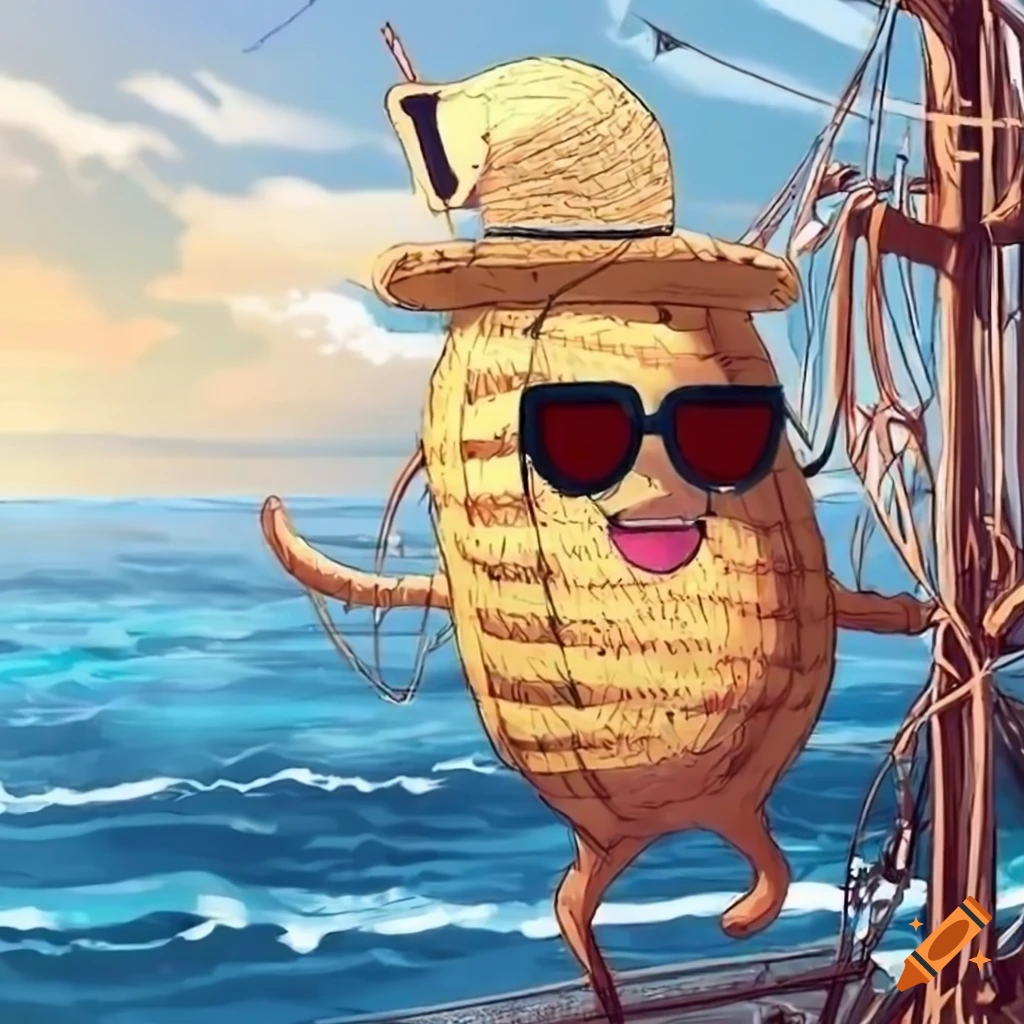 Anime-style happy peanut on pirate ship