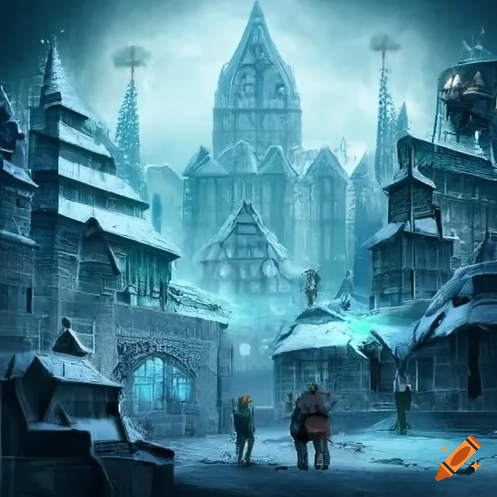 Medieval frozen fantasy city with a hot greenhouse