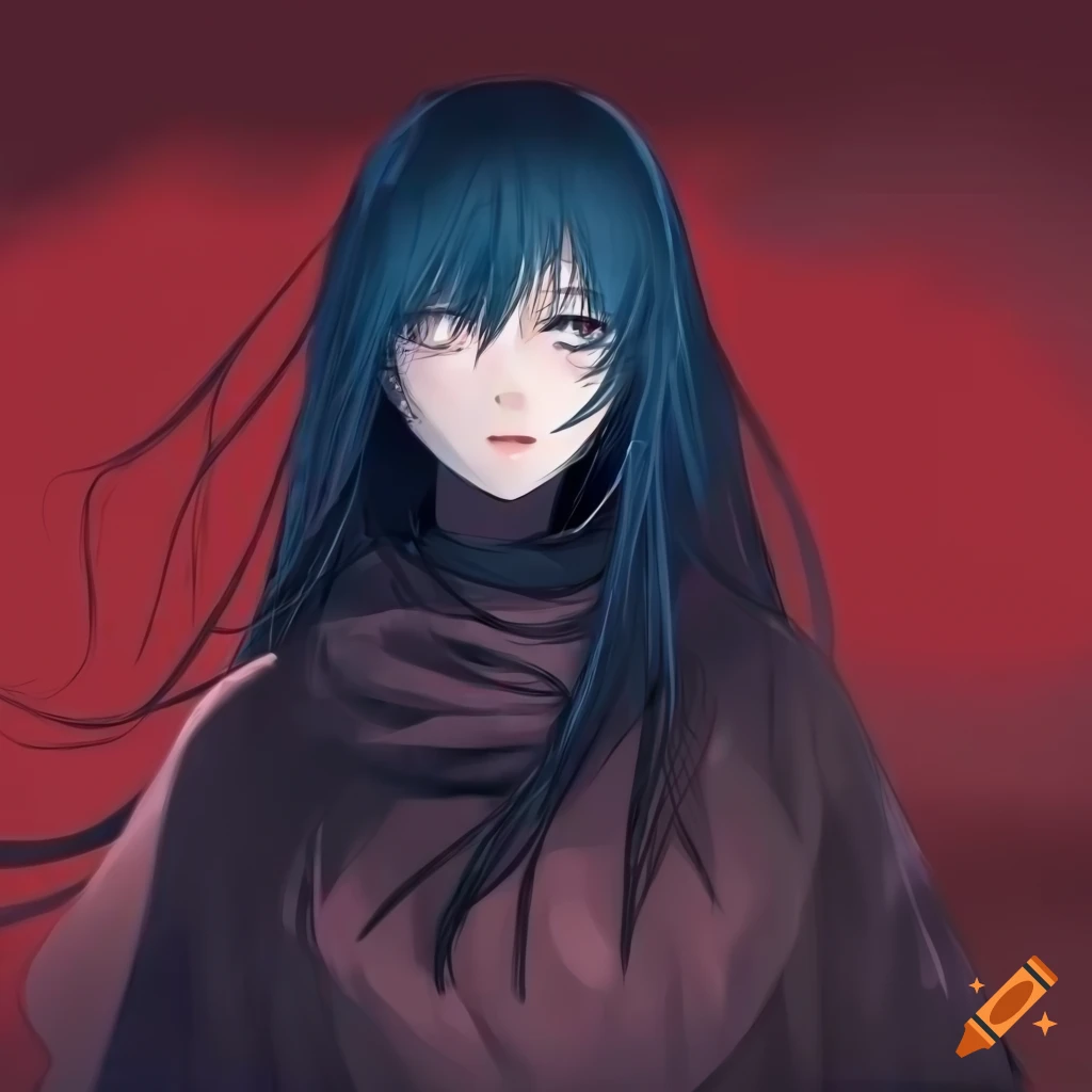 Portrait of a mysterious girl with dark hair and red background