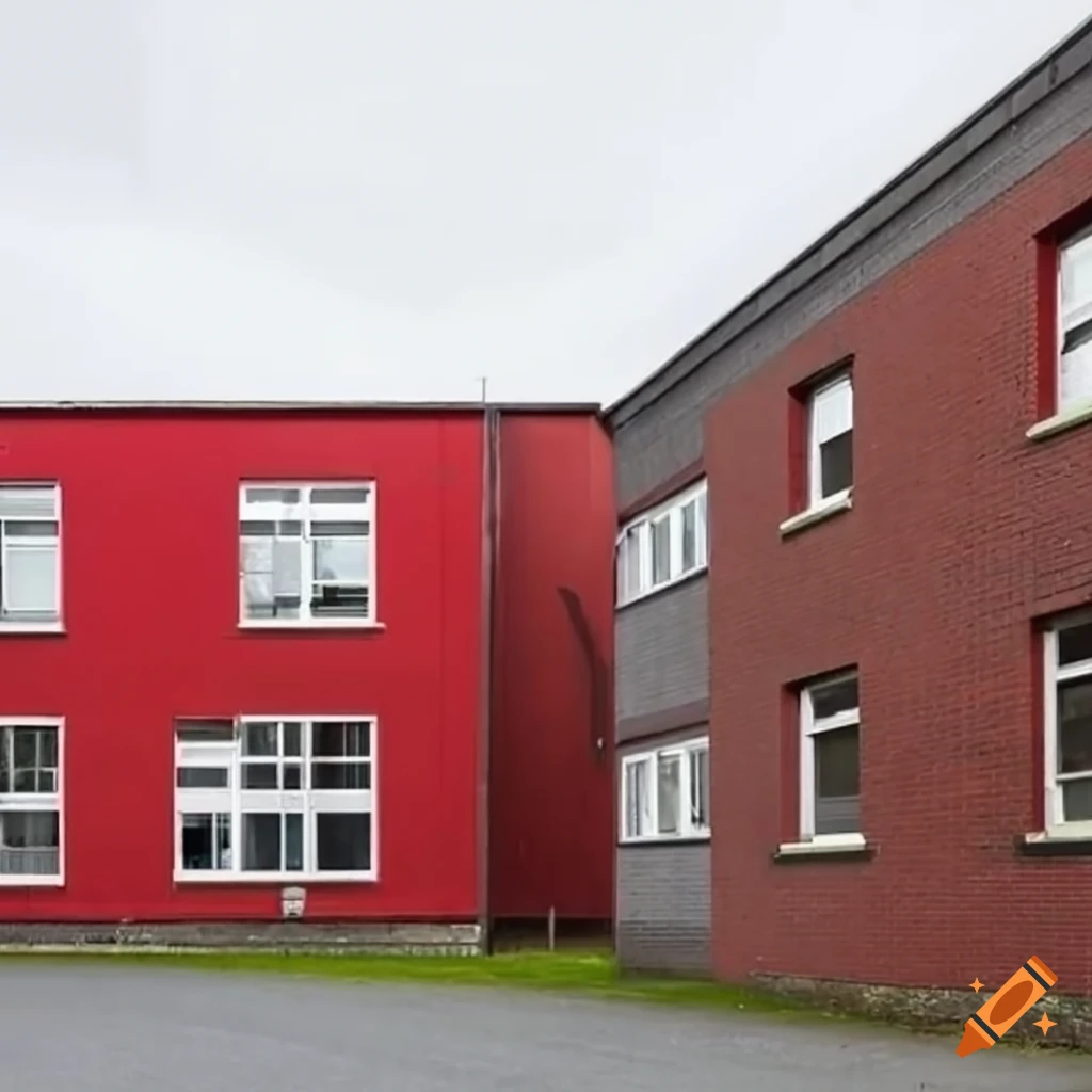 Two storey school buildings with a grey yard in the middle on Craiyon