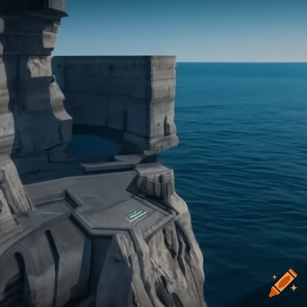 Photorealistic 3D render of a coastal military base on Craiyon