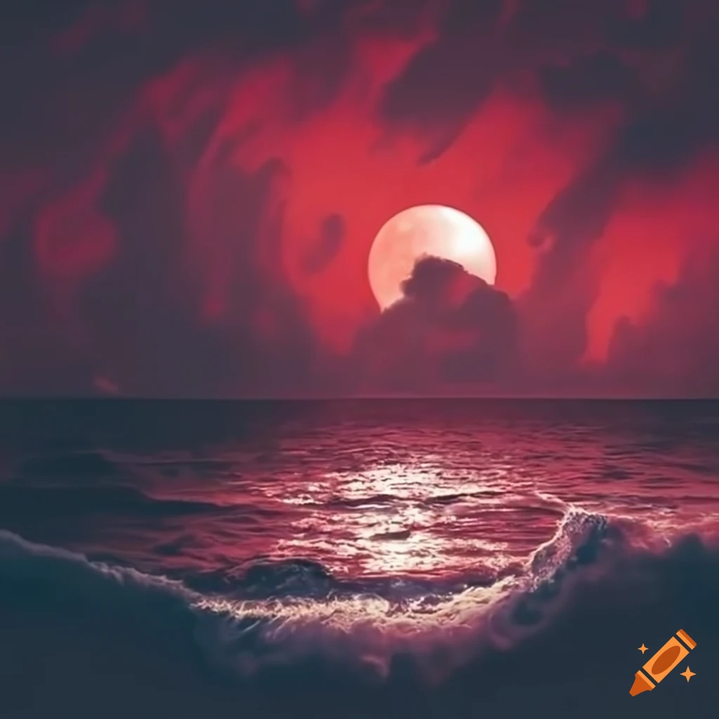 Ship at the shore under red moon and big waves on Craiyon