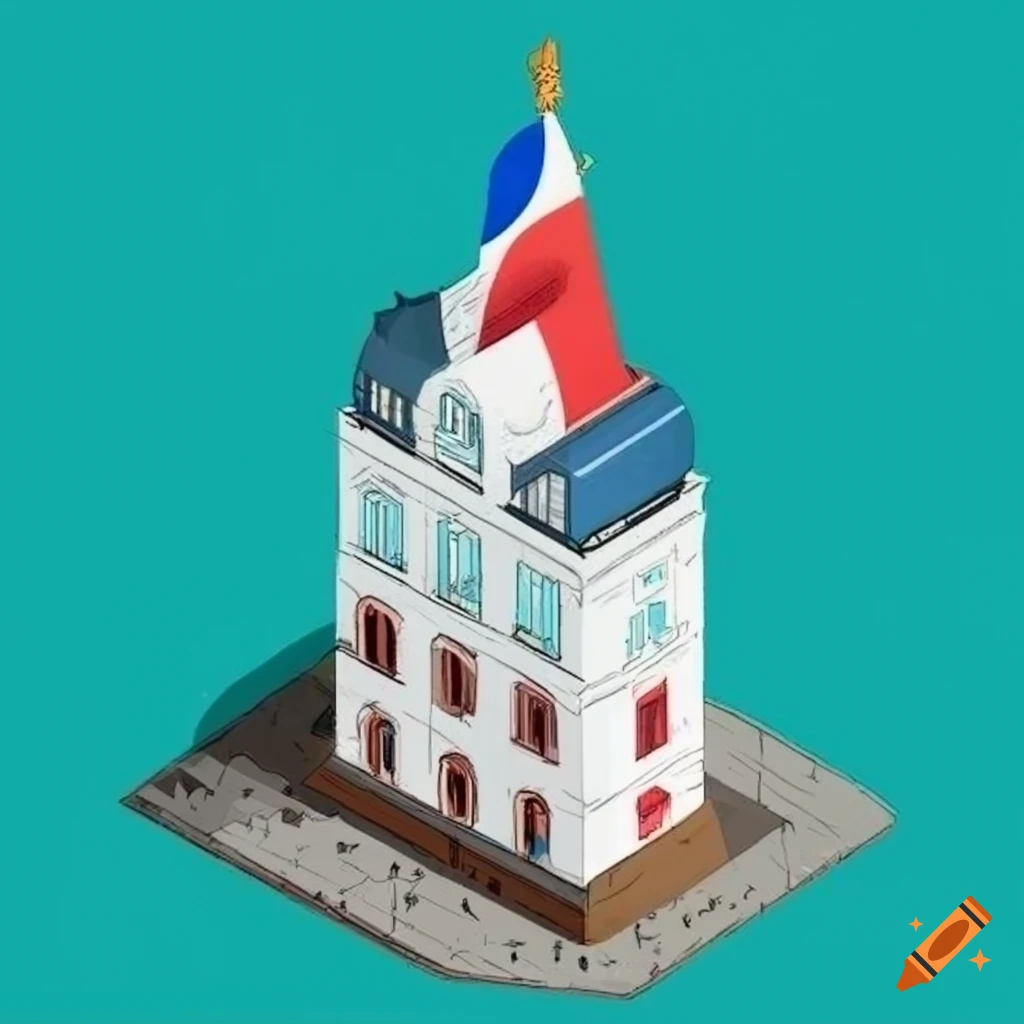 Isometric illustration of a charming city hall with French flag on Craiyon
