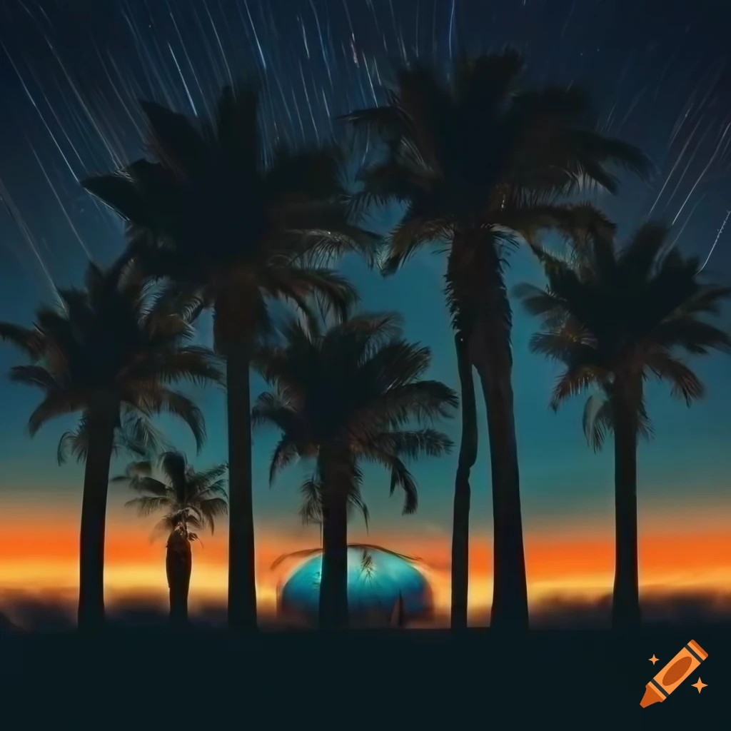 Photography of tall palm trees under shooting stars on Craiyon