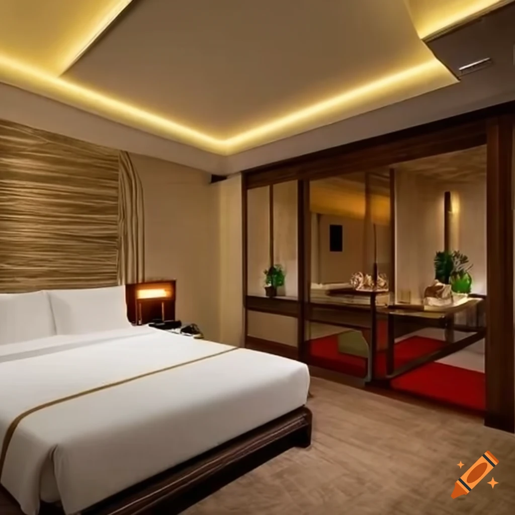 Sophisticated hotel room with bamboo accents on Craiyon
