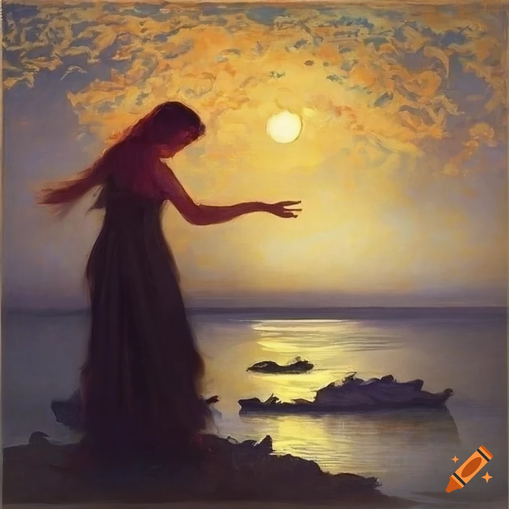 Artistic depiction of a girl dancing by the sea at sunset on Craiyon