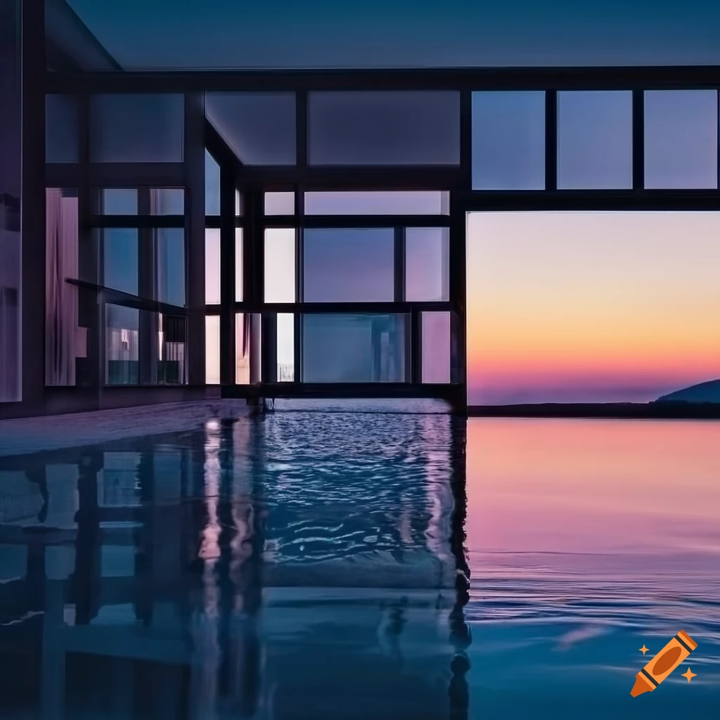 Spooky pool room with mosaic walls and water-covered floor on Craiyon