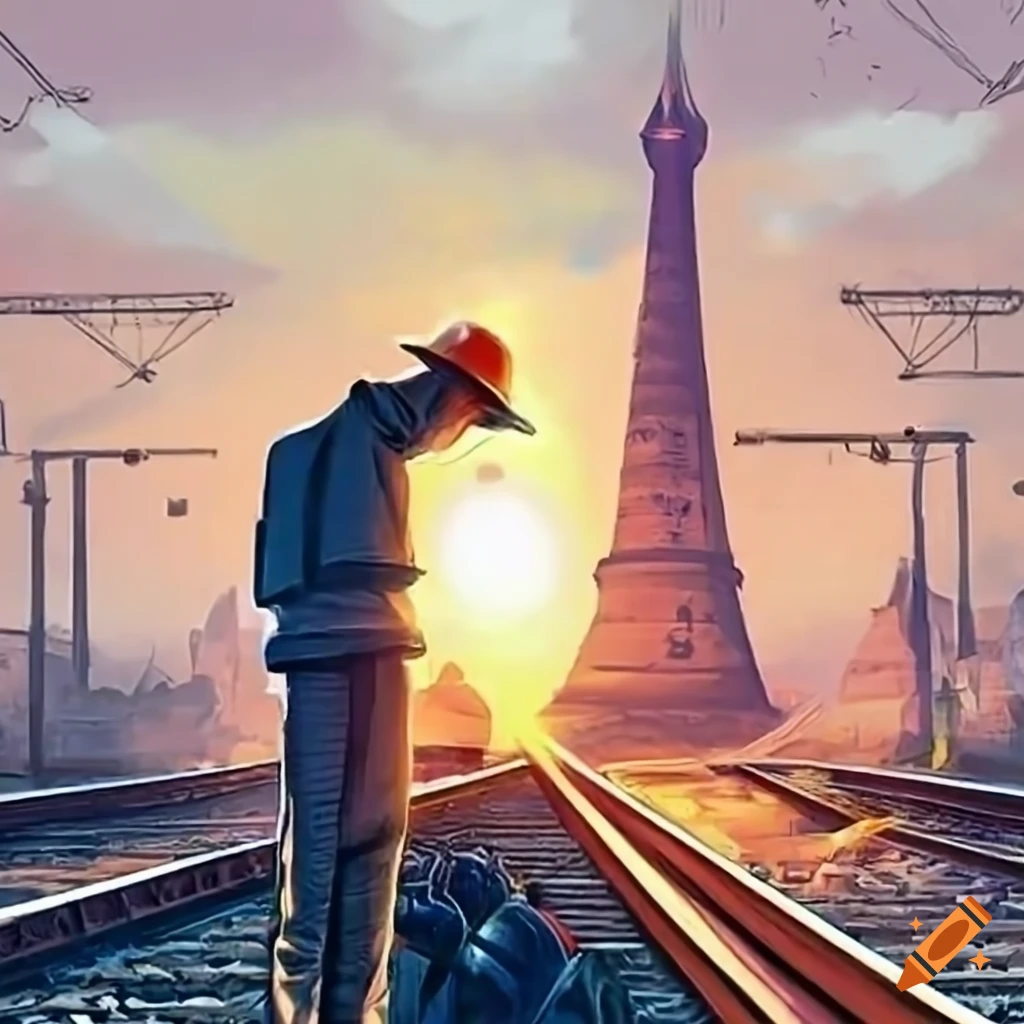 Realistic drawing of a railway construction engineer examining the KTX ...