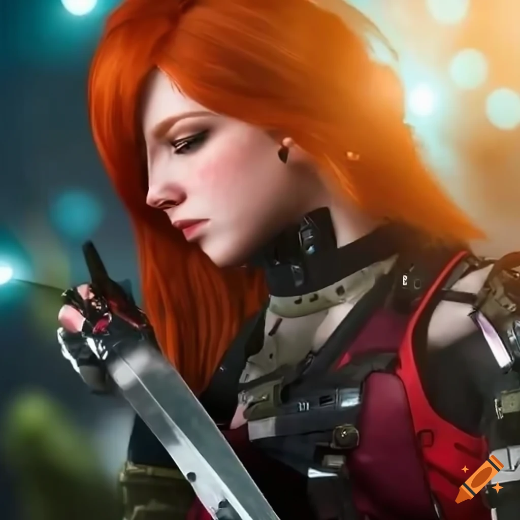 Redhead cyborg girl with sword in a futuristic setting on Craiyon