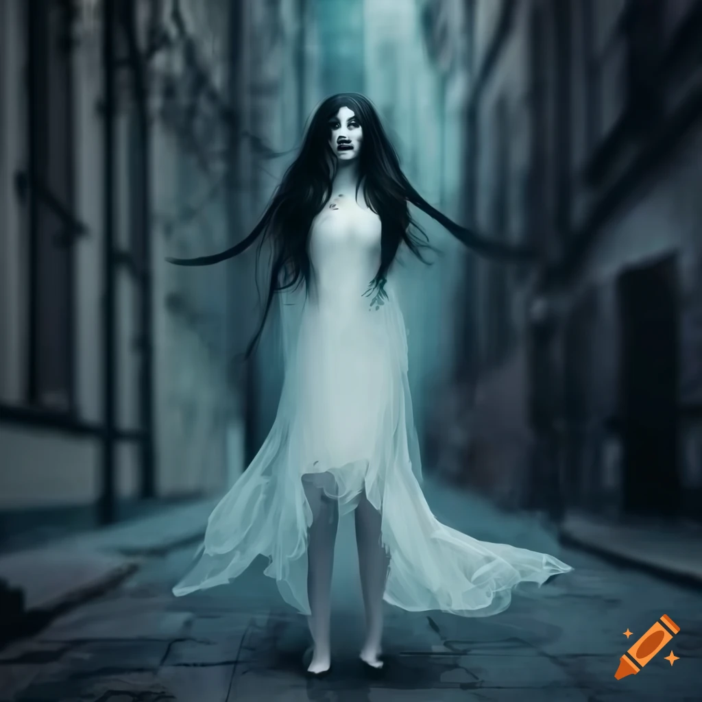 Image of a ghostly woman walking down a dark street on Craiyon