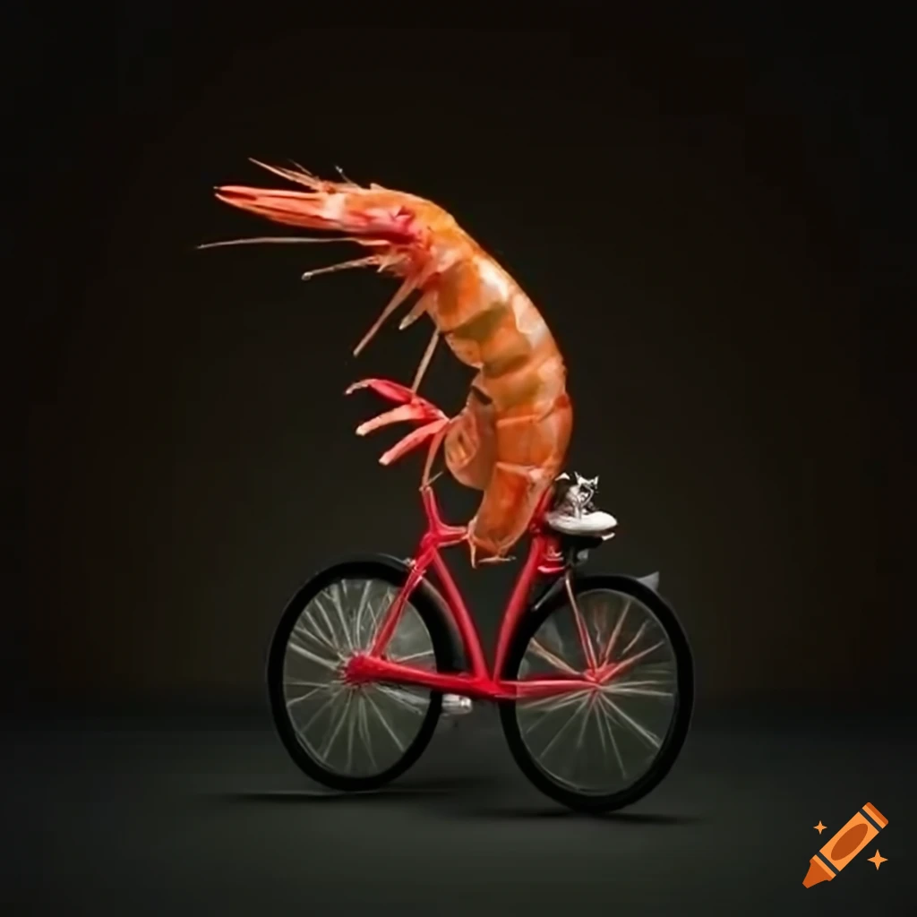 Funny image of a prawn riding a bicycle