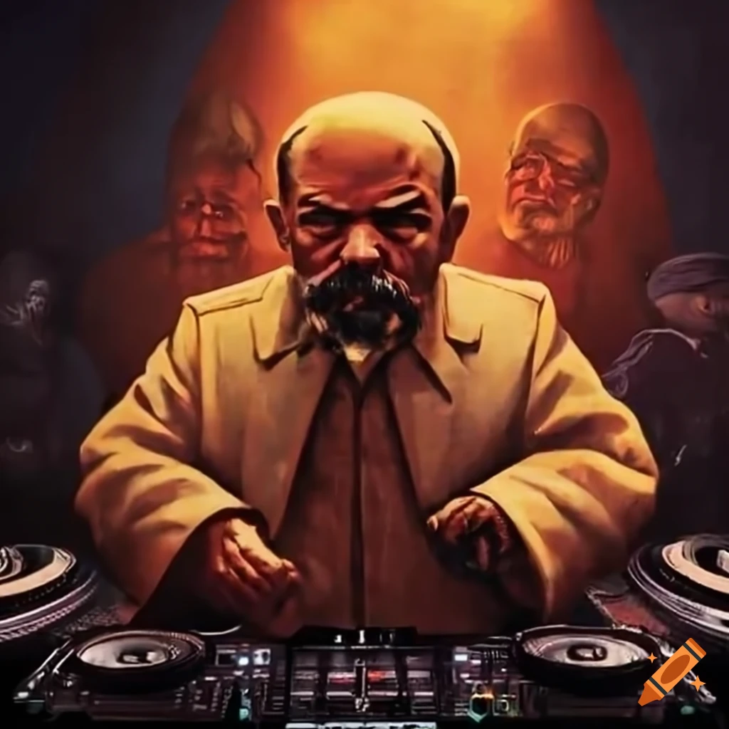 Humorous depiction of lenin and stalin as djs at a bar
