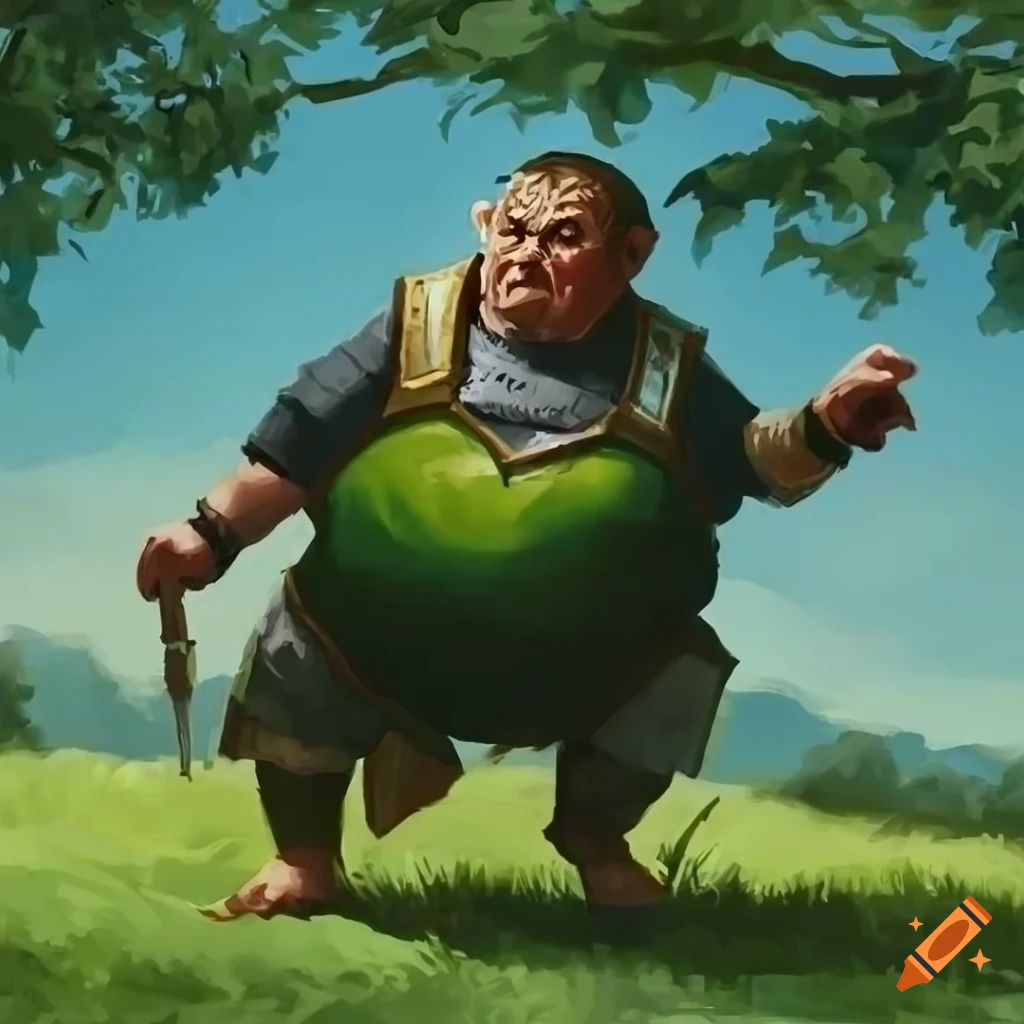 Illustration of a fat elderly halfling in an open vest on Craiyon