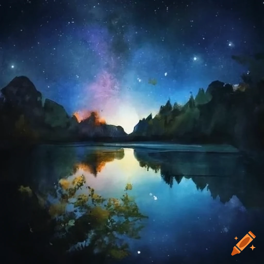 Japanese watercolor of lotus flowers under starry sky