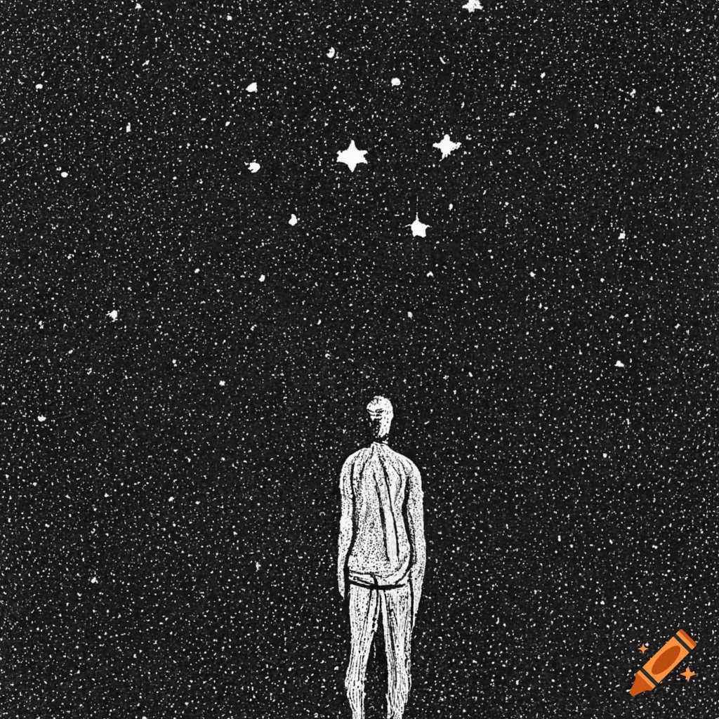 Black and white drawing of a person staring at space