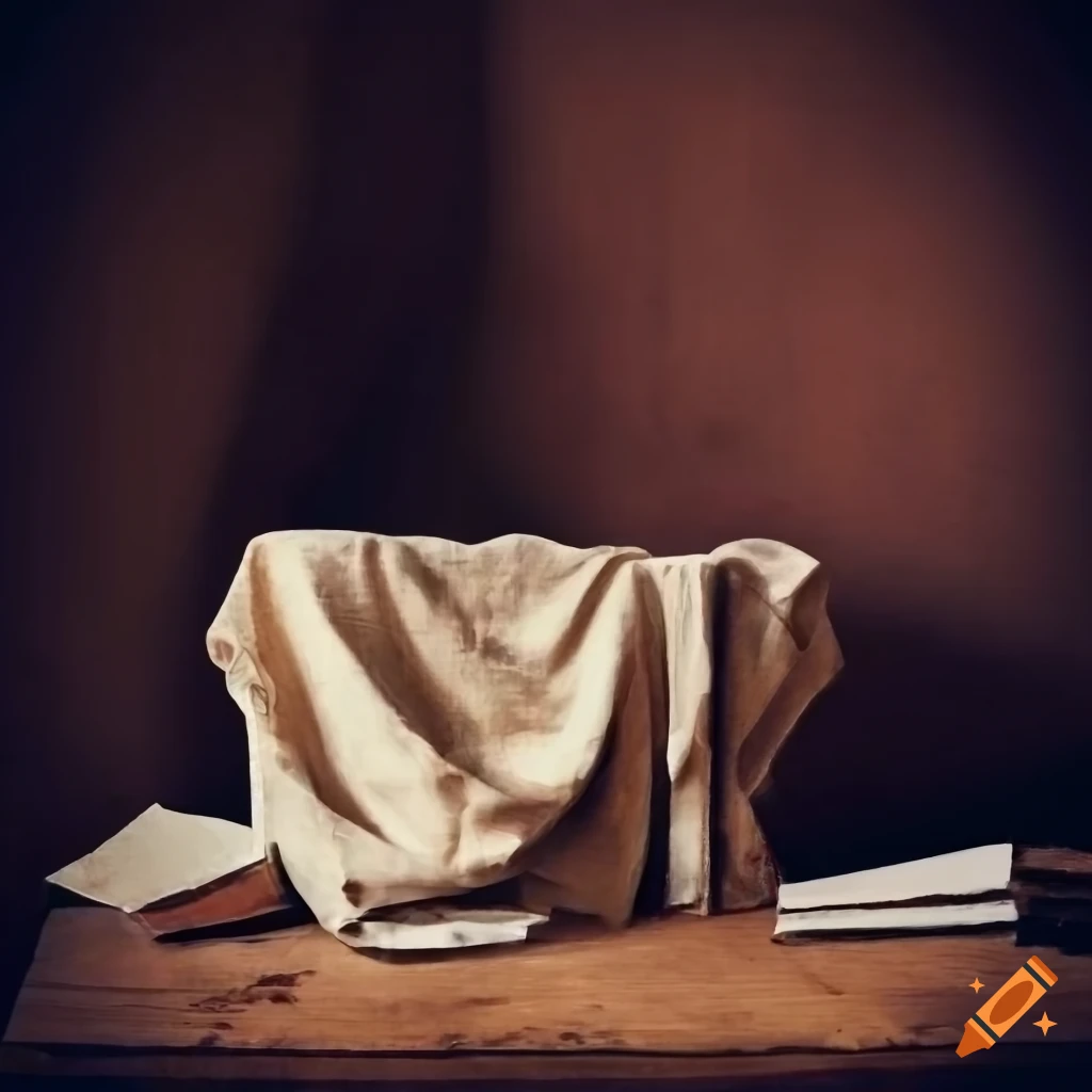 Cubist still life with fabric, dishes, and books on Craiyon