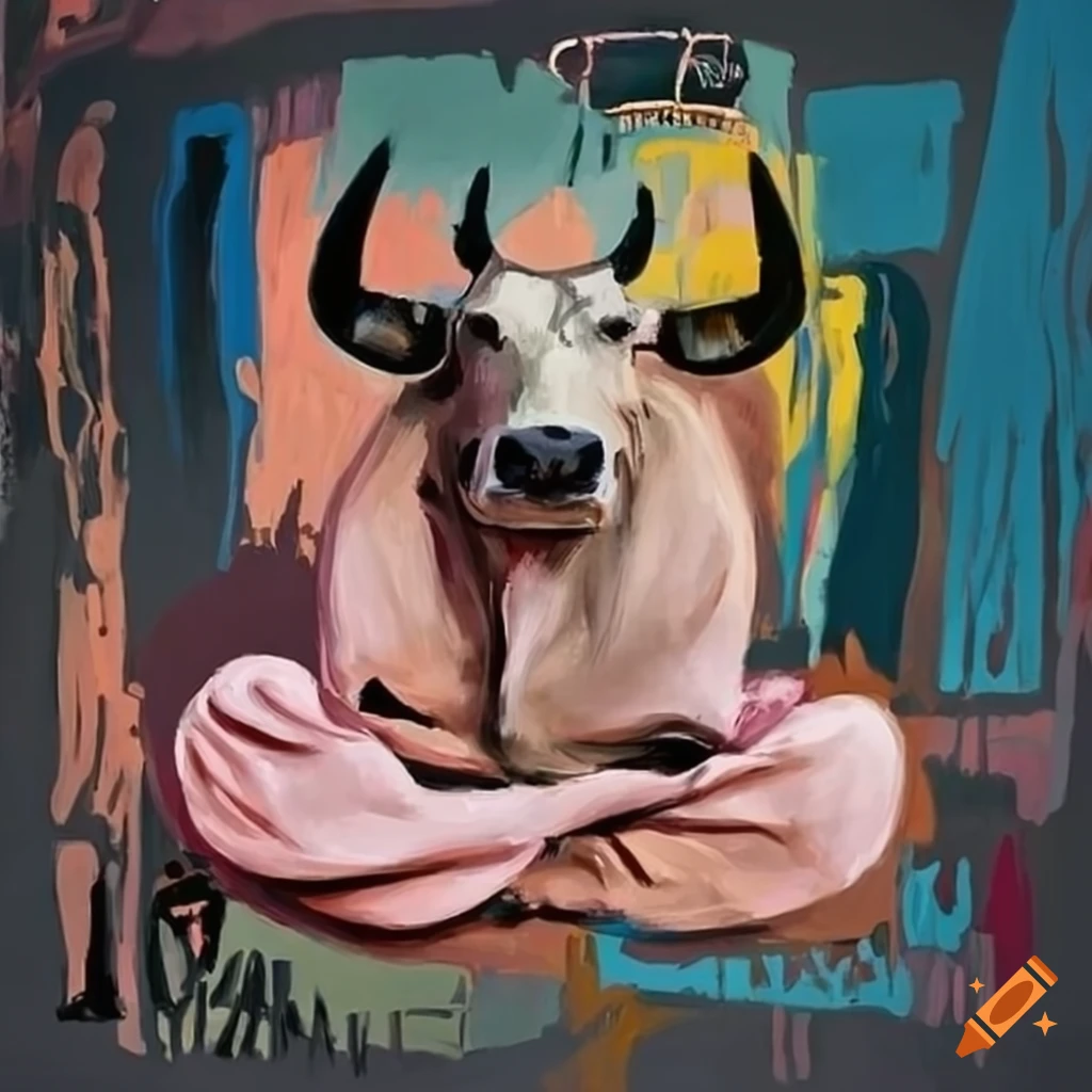 Painting of a meditating cow by Basquiat on Craiyon
