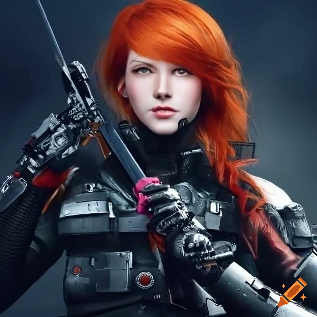 Pink-haired cyborg girl with sniper rifle in a tactical setting on Craiyon