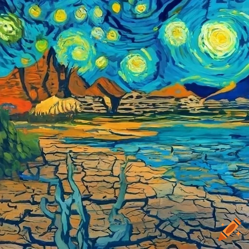 Van gogh style painting of a drought in a dam