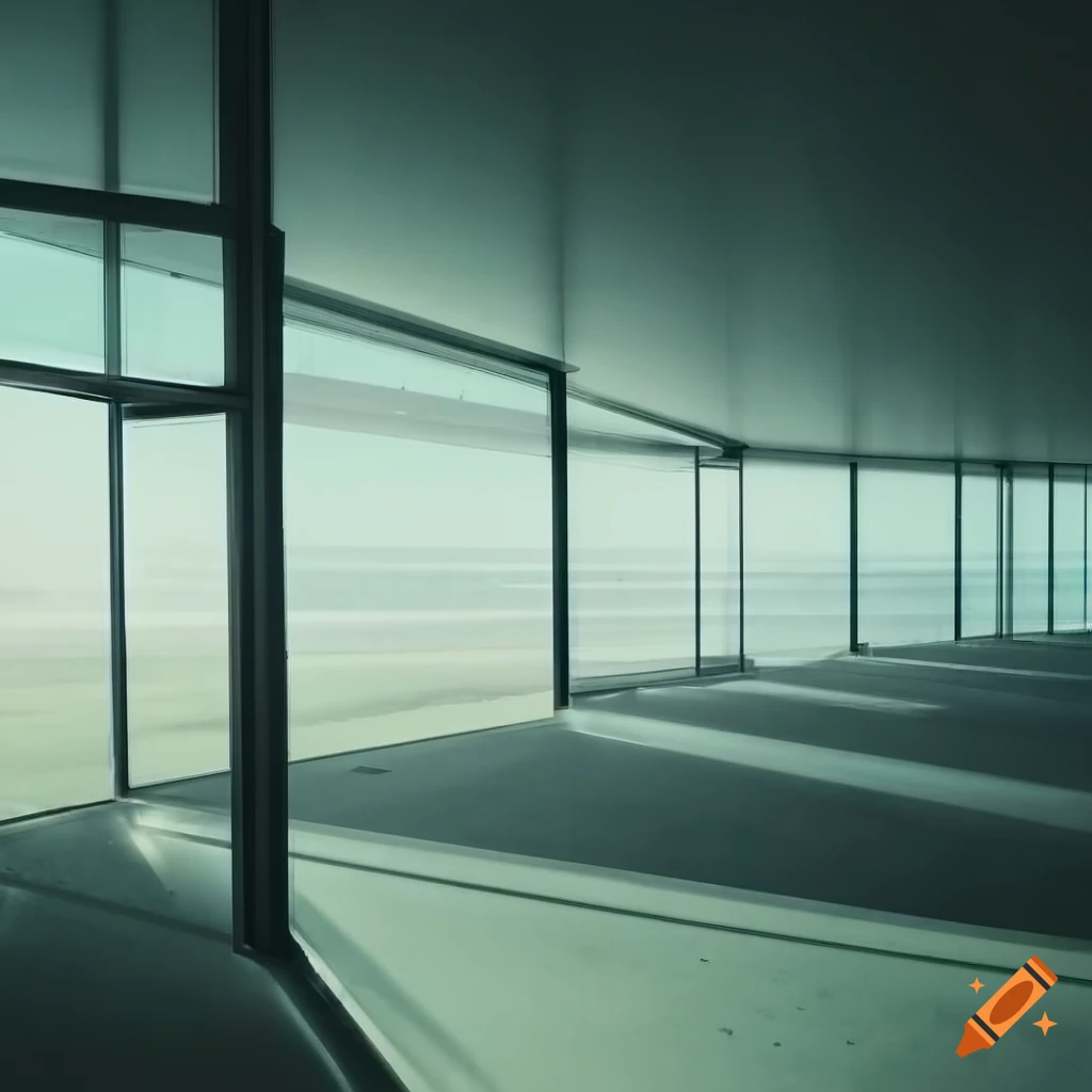 Sunset-lit airport interior with frameless windows