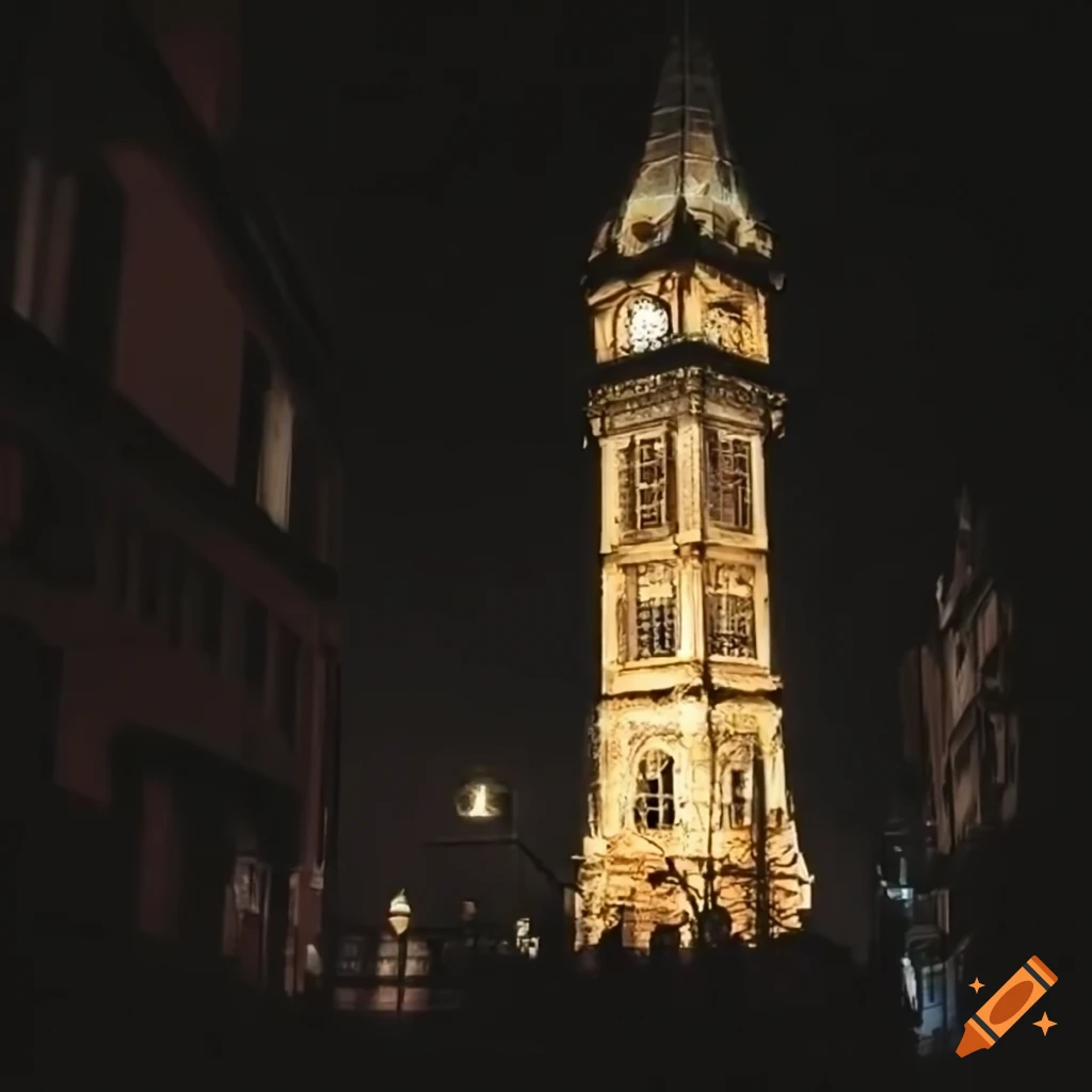 Nighttime photograph of a illuminated clock tower on Craiyon