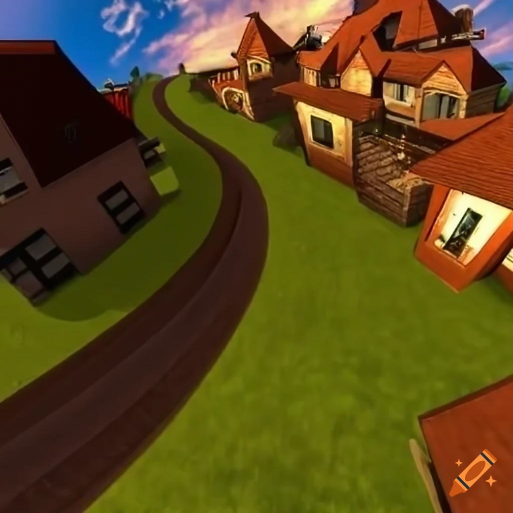 Fisheye view of a suburban street in a video game on Craiyon