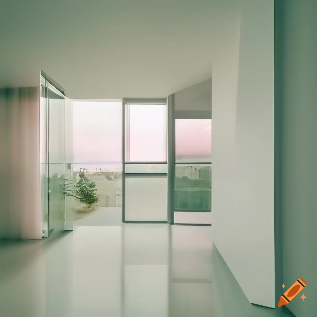 Luxury apartment interior with frameless windows and beautiful sunset ...