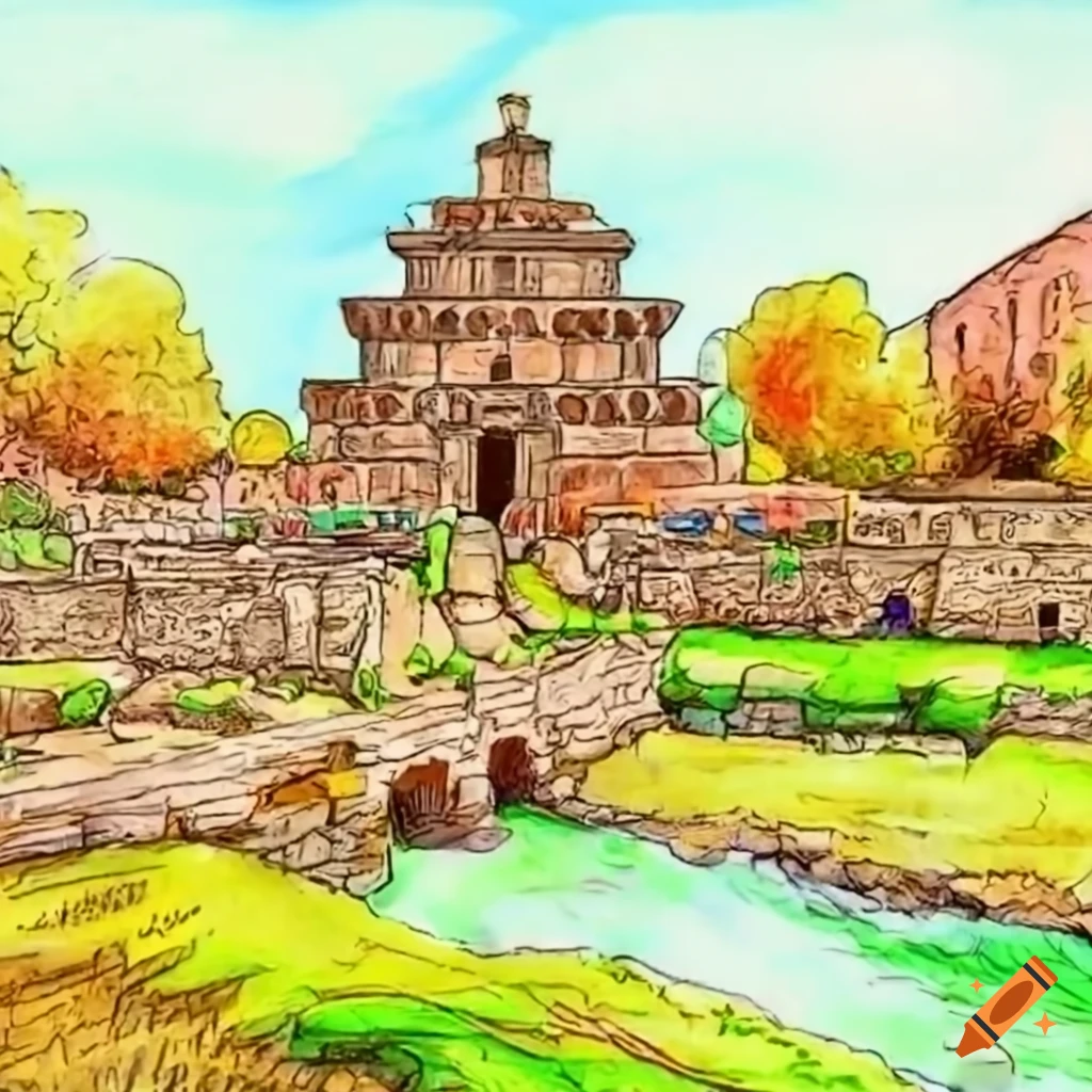 Ancient civilization with stone buildings and a central temple on Craiyon