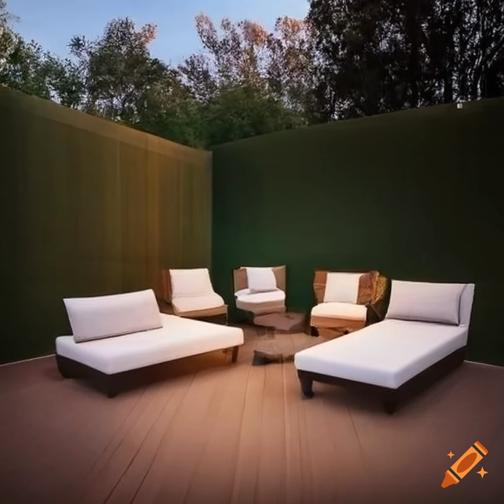 Modern outdoor pool-side lounge set with light tones and wood materials ...