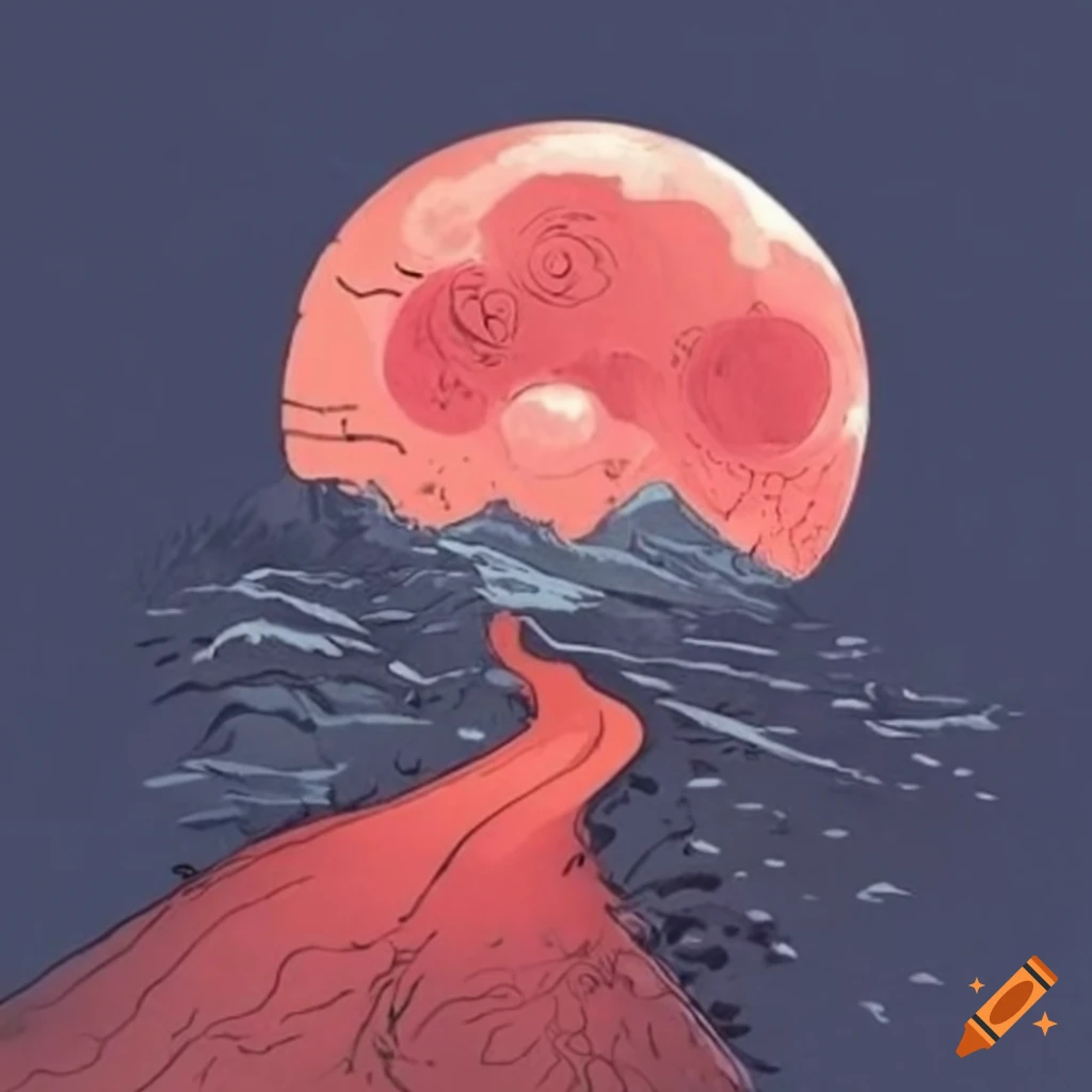 Ink painting of a narrow road leading to high mountains under a red ...