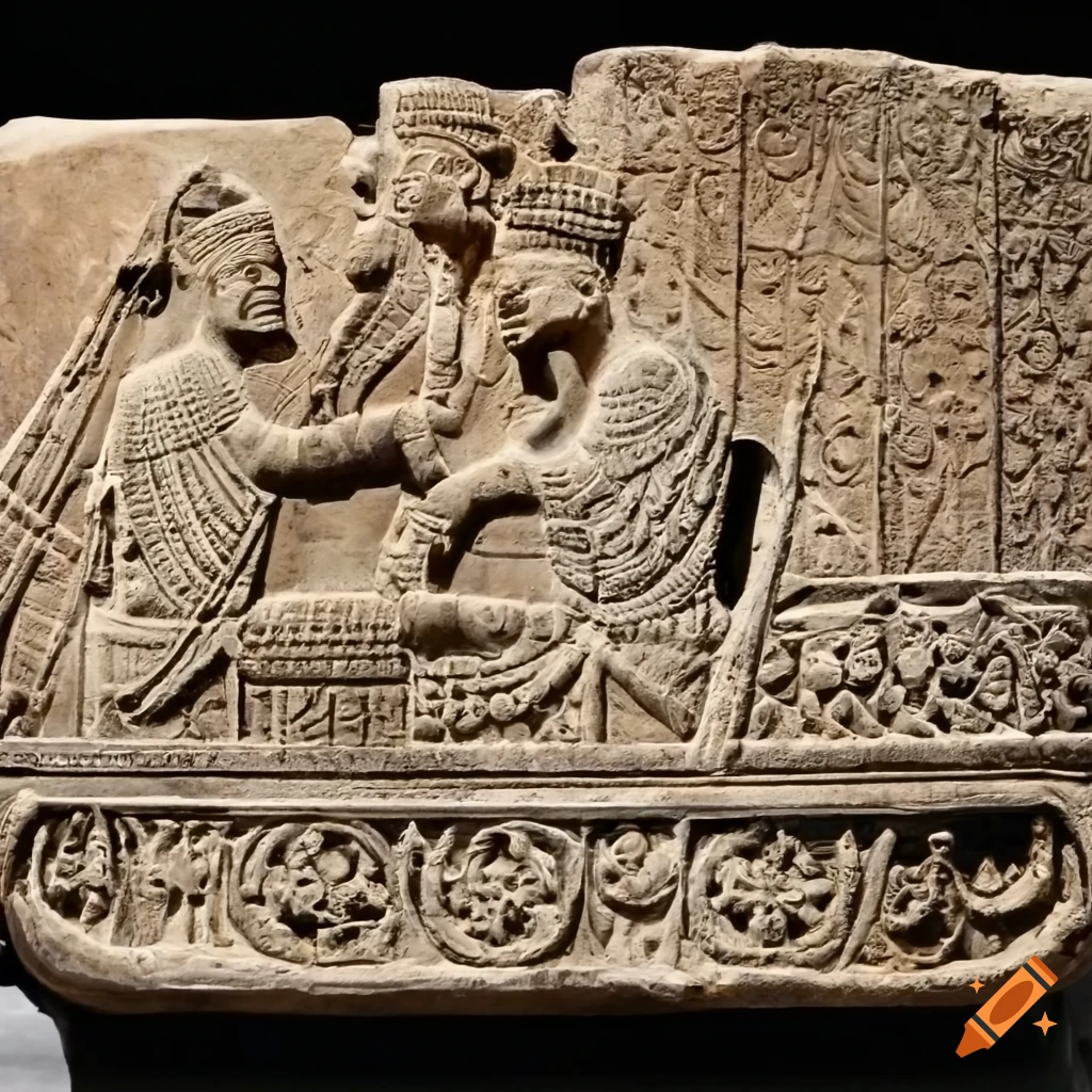 Stone relief of ashurbanipal on a carriage on Craiyon