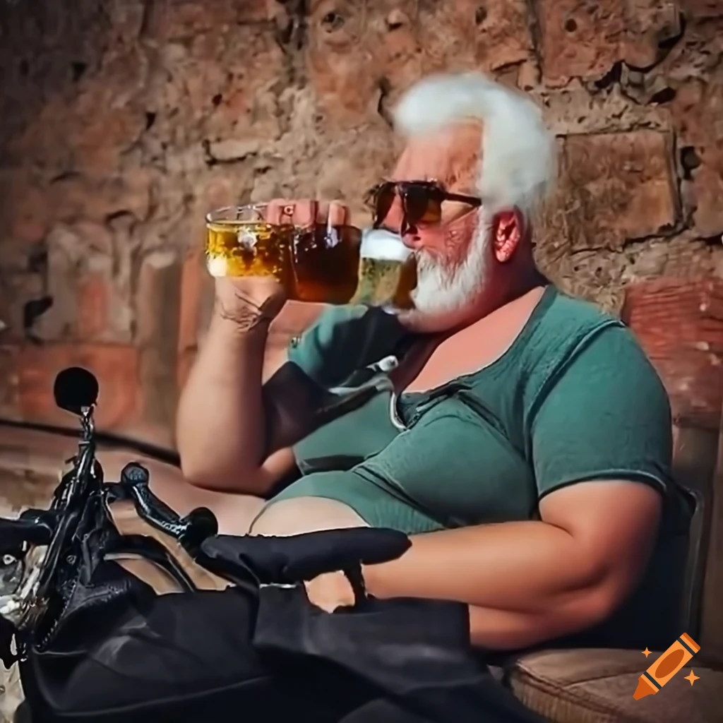 A man riding a motorcycle and enjoying a beer named Timisoreana on Craiyon