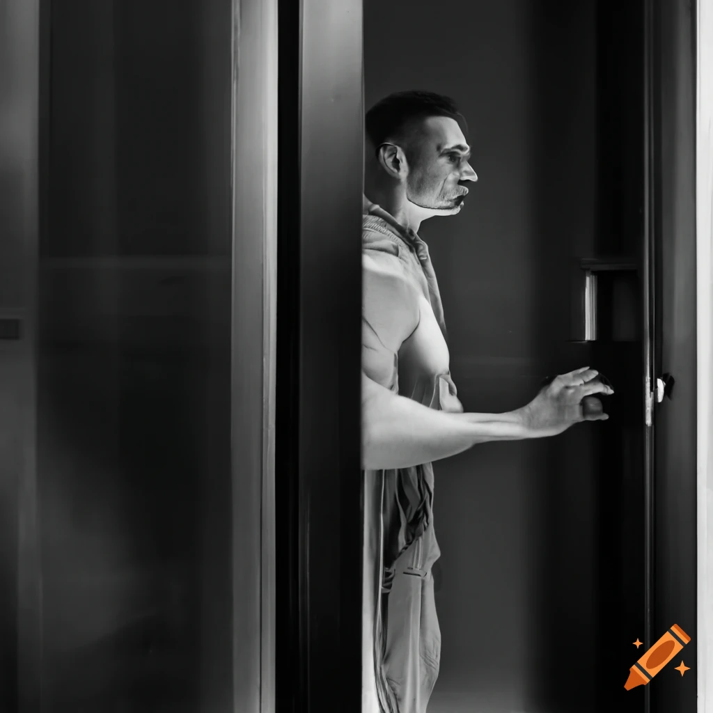 Black and white photo of a man inside an elevator on Craiyon
