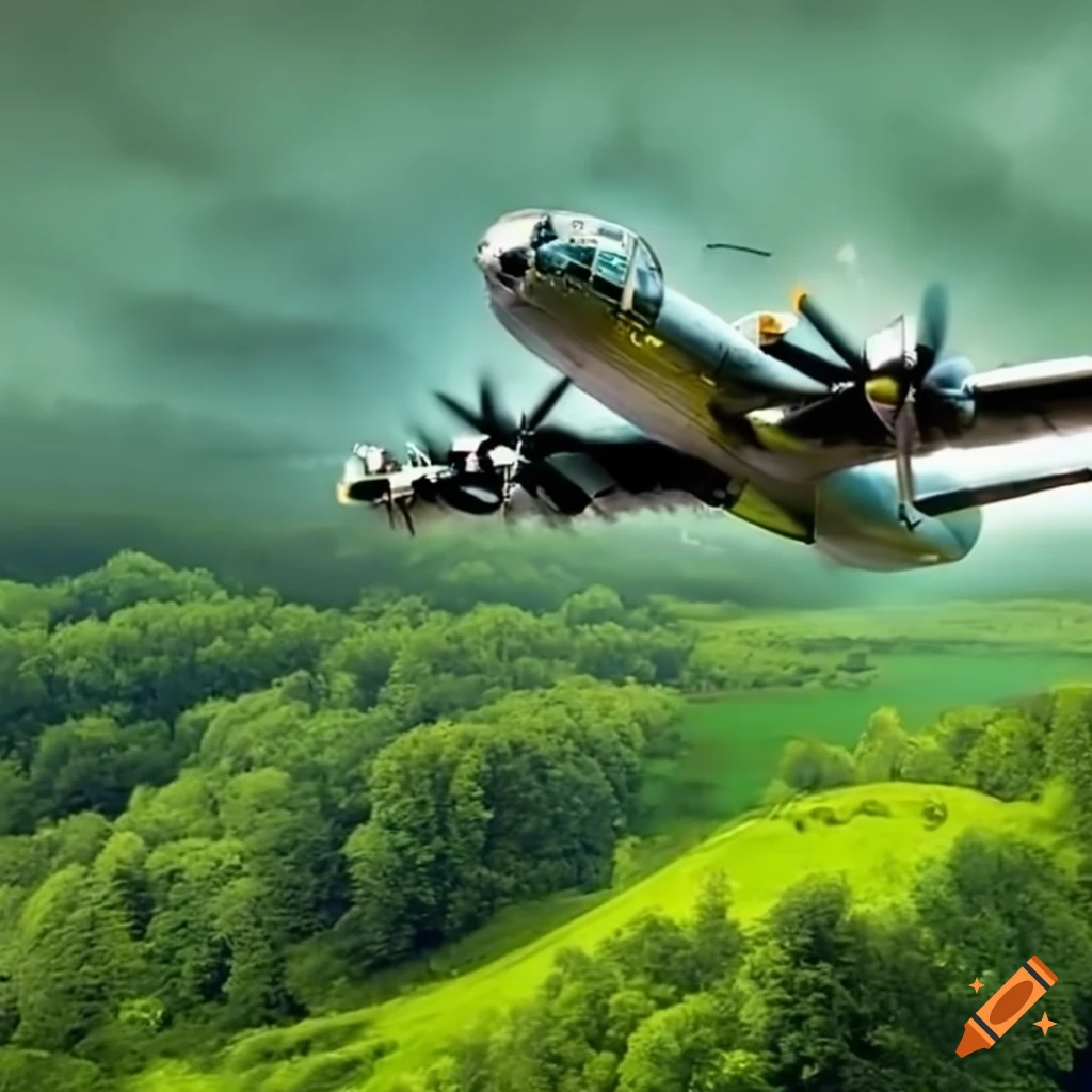 B-29c bomber flying over a green landscape