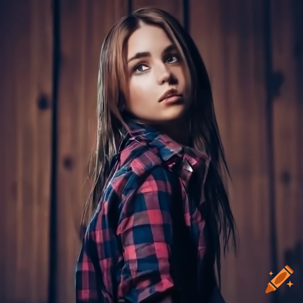 Beautiful woman with brown plaid shirt and dark jeans on Craiyon